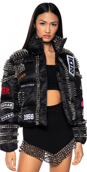 AKIRA - ACDC SPIKED PATCH PUFFER COAT