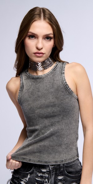 AKIRA - BASIC DISTRESSED MINERAL WASH TANK TOP IN GREY
