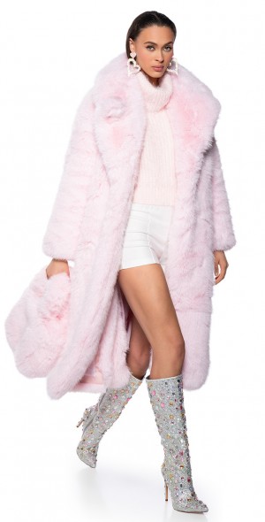 AKIRA - BEAR HUG LONGLINE LUXE FAUX FUR TRENCH COAT IN PINK