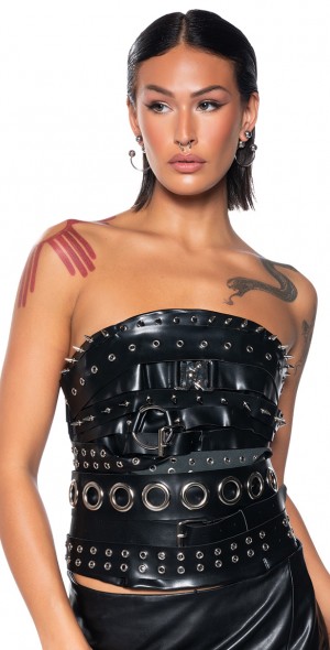 AKIRA - BUCKLED UP FAUX LEATHER SPIKED CORSET TOP