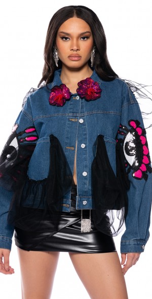 AKIRA - EYE LOVE YOU SEQUIN EMBELLISHED CRAFTY DENIM JACKET