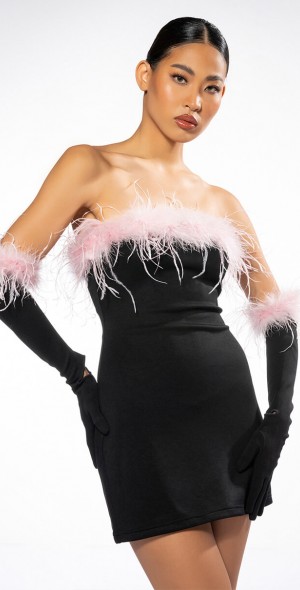 AKIRA - HOLLY FEATHER DETAIL STRAPLESS BODYCON MINI DRESS WITH GLOVES