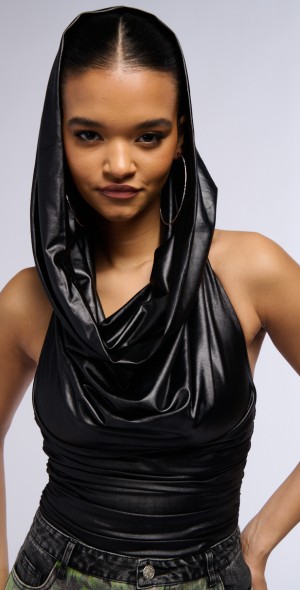 AKIRA - INTO THE NIGHT HOODED SLICK KNIT RUCHED BODYSUIT