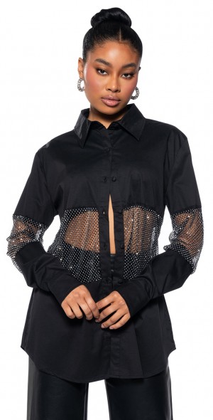 AKIRA - JOSIE RHINESTONE MESH POPLIN BUTTON DOWN