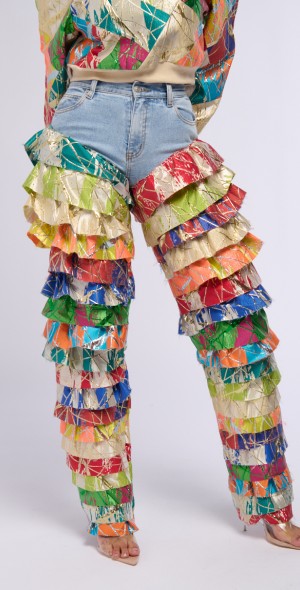 AKIRA - LIFE IS BUT A DREAM BROCADE RUFFLE DENIM JEANS