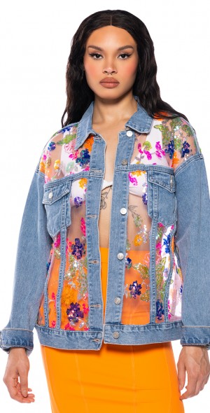AKIRA - MERCER FLORAL SHEER DENIM JACKET