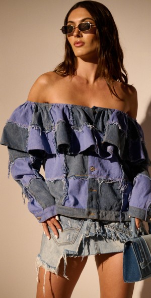 AKIRA - OFF SHOULDER PATCHWORK DENIM JACKET