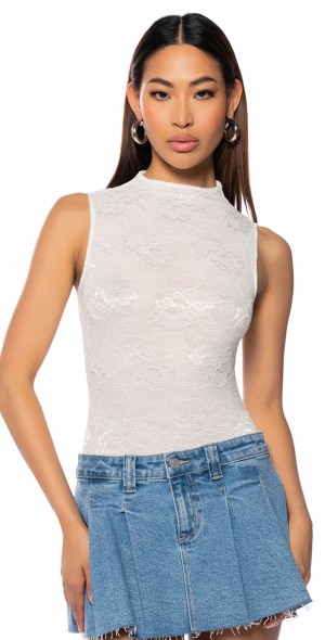 AKIRA - PHOENIX STRETCH LACE MOCK NECK BODYSUIT IN WHITE