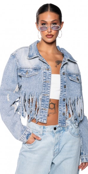 AKIRA - SHREDDED FRINGE CROPPED DENIM JACKET