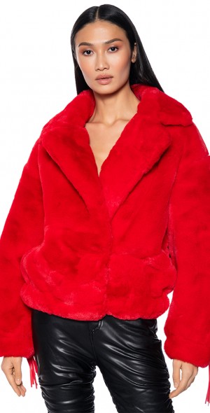 AKIRA - TIME TO SHINE FRINGE FAUX FUR COAT IN RED