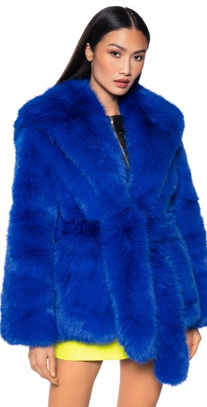 AKIRA - YETI SHARP SHOULDER FAUX FUR COAT IN BLUE