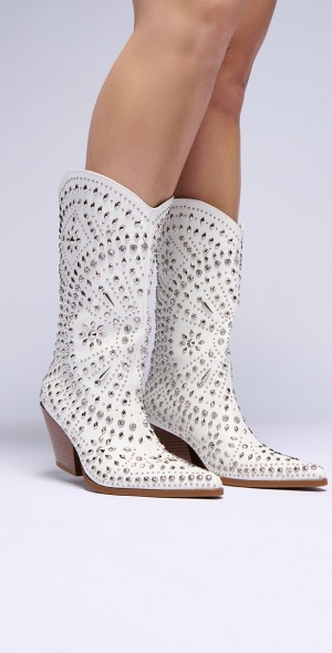 AZALEA WANG - AMICABLE WHITE SILVER EMBELLISHED WESTERN BOOT