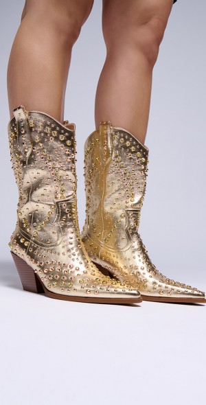 AZALEA WANG - APPEASE GOLD EMBELLISHED COWBOY BOOT