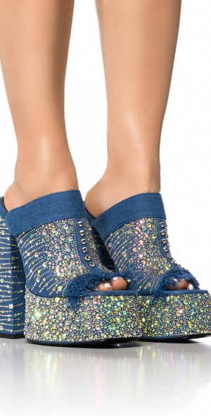 AZALEA WANG - BALLIN OUT EMBELLISHED CHUNKY PLATFORM MULE IN DENIM