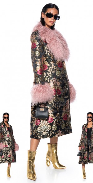 AZALEA WANG - CHERRY LANE BROCADE TRENCH WITH DETACHABLE MOHAIR FUR