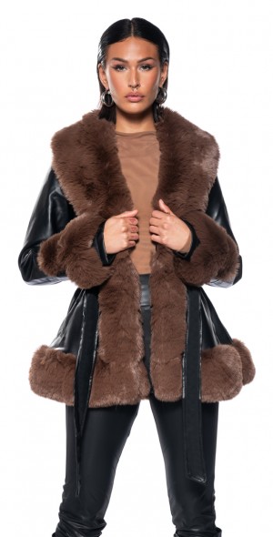 AZALEA WANG - FAUX FUR TRIM PEPLUM MOTO IN BROWN