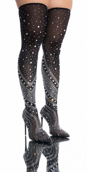 AZALEA WANG - ROXY RHINESTONETHIGH HIGH STILETTO BOOT IN BLACK