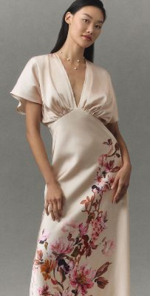 BHLDN - Leila Deep-V Flutter-Sleeve High-Shine Satin A-Line Maxi Dress