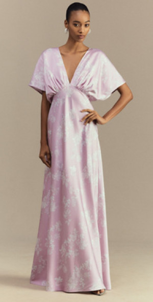 BHLDN - Leila Deep-V Flutter-Sleeve Satin A-Line Gown