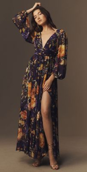 BHLDN - Mae Long-Sleeve V-Neck Chiffon Maxi Dress