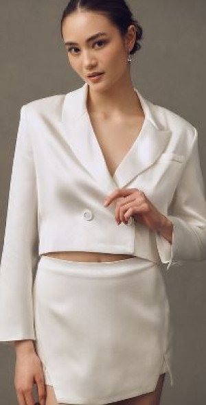 Endless Rose - Double-Breasted Cropped Satin Blazer Jacket