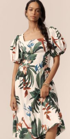 Farm Rio - Midnight Macaw Fiesta Linen Blend Puff-Sleeve Midi Dress