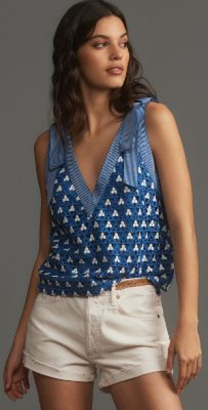 Maeve - Bow-Shoulder Lace Stitched Tank Top