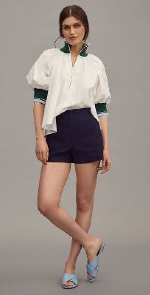 Maeve - Half-Zip Puff-Sleeve Sporty Henley Blouse