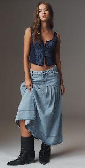 Pilcro - Pleated Basque-Waist Denim Midi Skirt