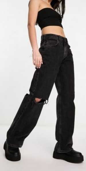 ASOS DESIGN - baggy boyfriend jeans in washed black with knee rips