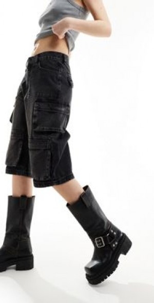 ASOS DESIGN - baggy longline denim jorts with cargo pockets in washed black