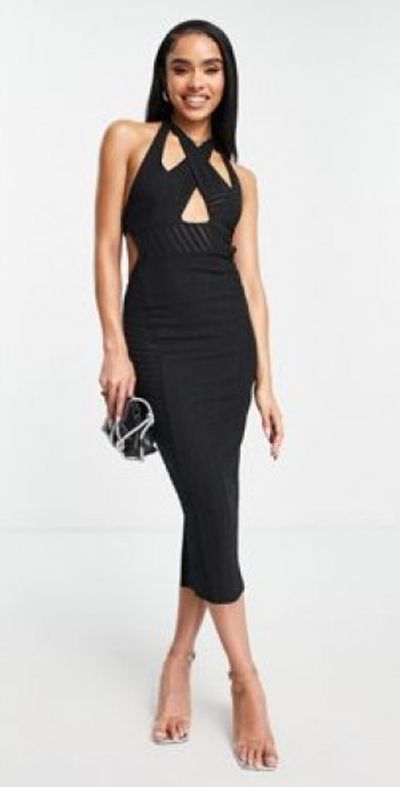 ASOS DESIGN - bandage shirred stripe bodycon midi dress in black