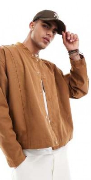 ASOS DESIGN - boxy oversized washed coach jacket in tan-Copper