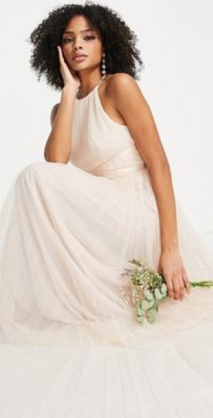 ASOS DESIGN - Bridesmaid tulle pinny maxi dress with satin ribbon waist ...