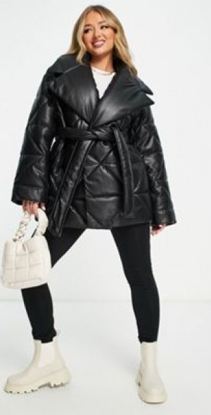 ASOS DESIGN - collared puffer faux leather jacket in black