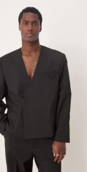 ASOS DESIGN - collarless double breasted boxy suit jacket in black