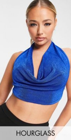 ASOS DESIGN - cowl neck halter crop top with chain back in cobalt-Blue