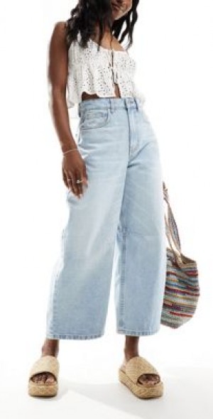 ASOS DESIGN - cropped barrel leg jeans with cinch waist in midwash blue