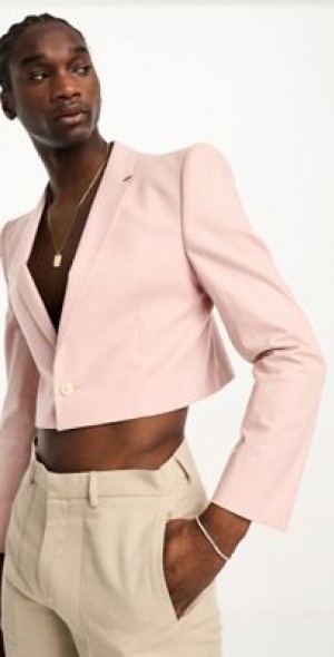 ASOS DESIGN - cropped linen mix blazer with square shoulder in pink