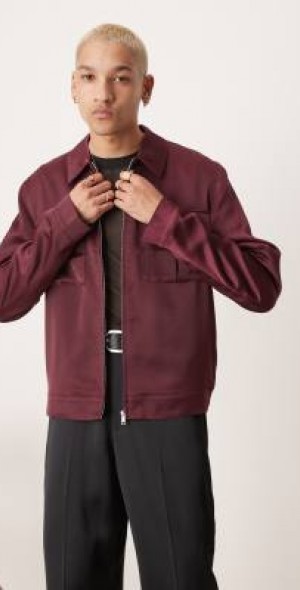 ASOS DESIGN - cropped satin harrington jacket in burgundy-Red