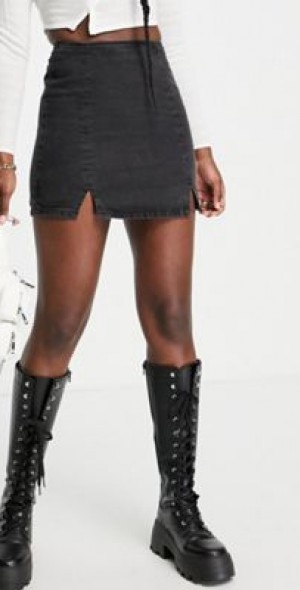 ASOS DESIGN - denim front slit mini skirt in washed black