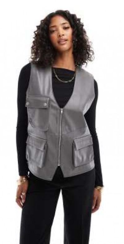 ASOS DESIGN - faux leather utility pocket detail vest in gray