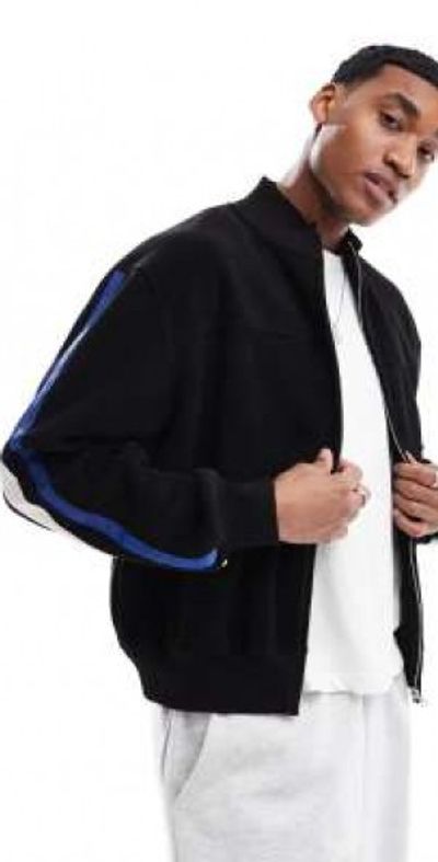 ASOS DESIGN - fleece track jacket with taping in black