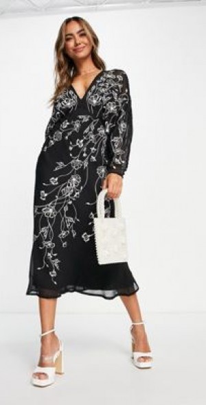 Asos Design Floral Embroidered Batwing Midi Dress In Black