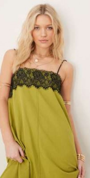 ASOS DESIGN - lace overlay midi cami dress in olive-Green