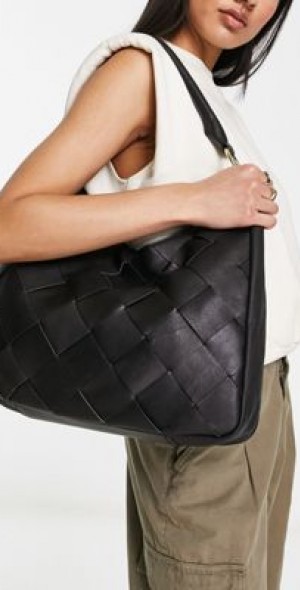 ASOS DESIGN - leather weave tote bag with tubular piping in black