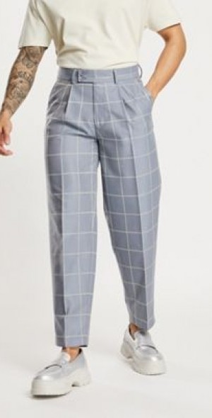 ASOS DESIGN - linen mix twill balloon smart pants in blue window check
