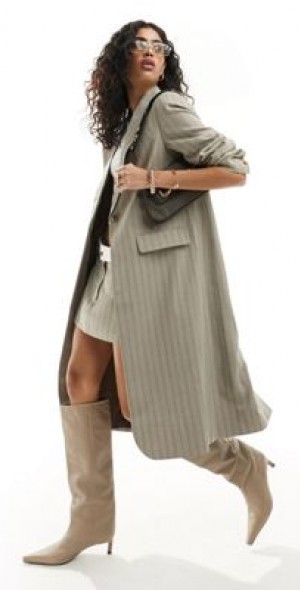 ASOS DESIGN - longline duster blazer in beige stripe-Neutral