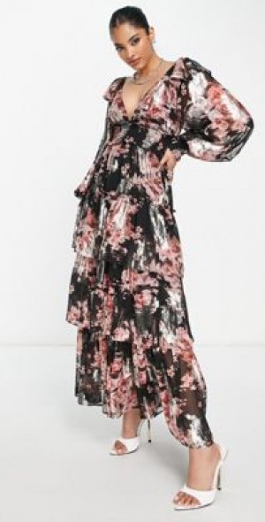 ASOS DESIGN - metallic plunge ruffle maxi dress with tiers in black ...