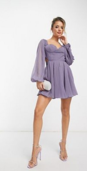 ASOS DESIGN - mini dress with corset lace detail and blouson sleeves in ...